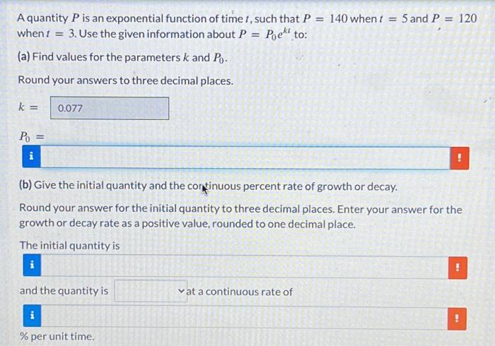 Solved A quantity P is an exponential function of time t, | Chegg.com