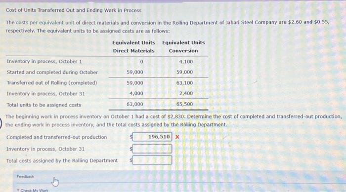 Cost of Units Transferred Out and Ending Work in | Chegg.com