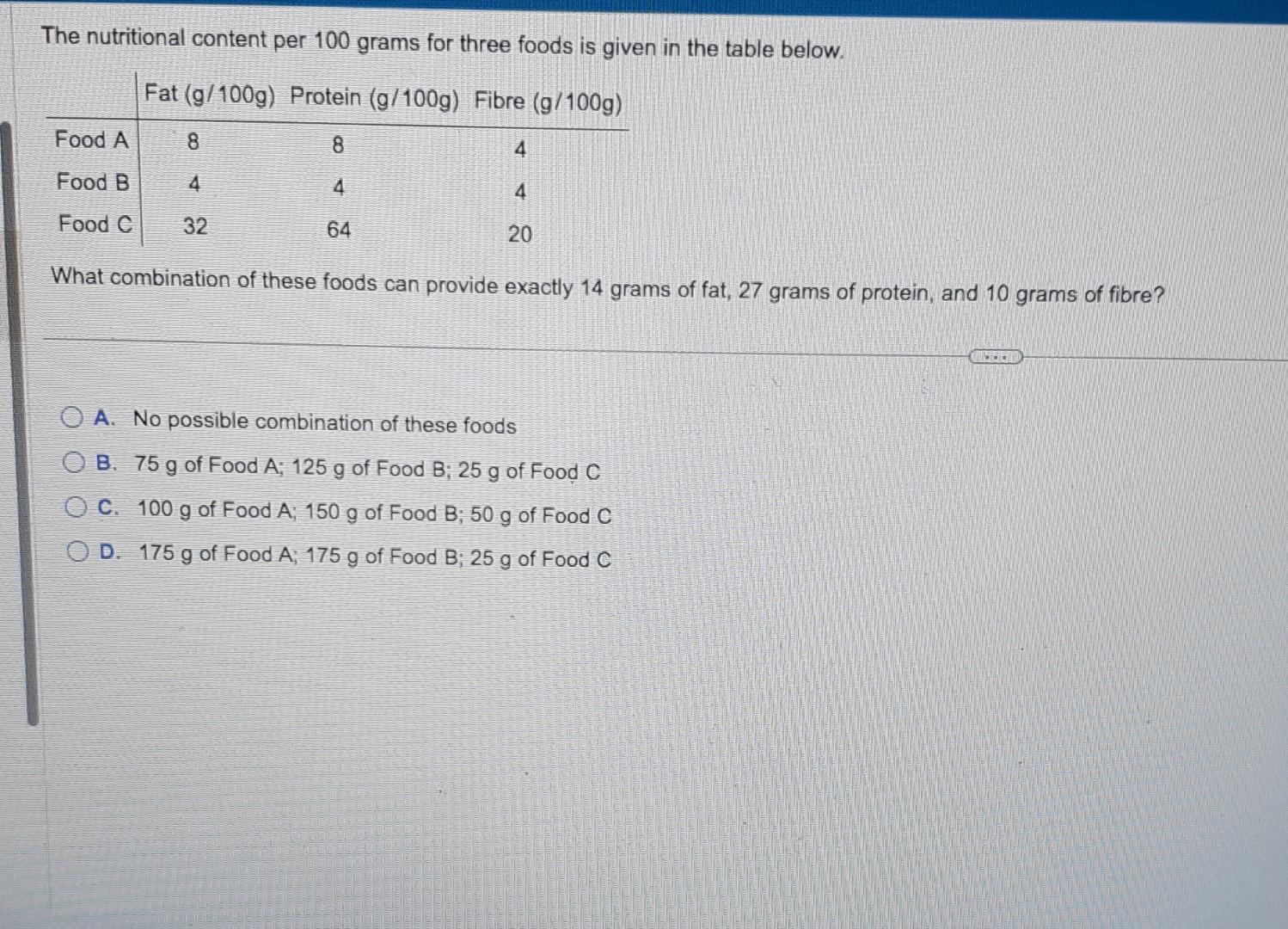 Solved The nutritional content per 100 grams for three foods | Chegg.com