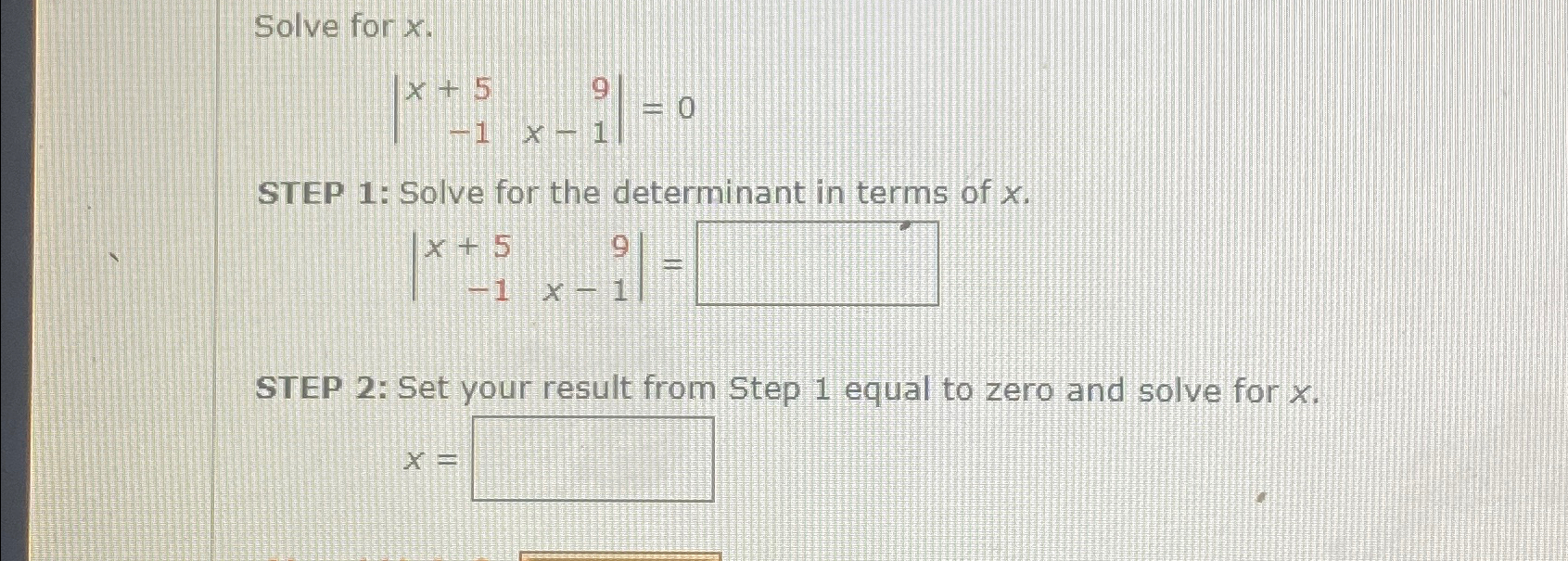 Solved Solve for xSTEP 1: Solve fi|[x+5],[-1]|STEP 2: Set | Chegg.com
