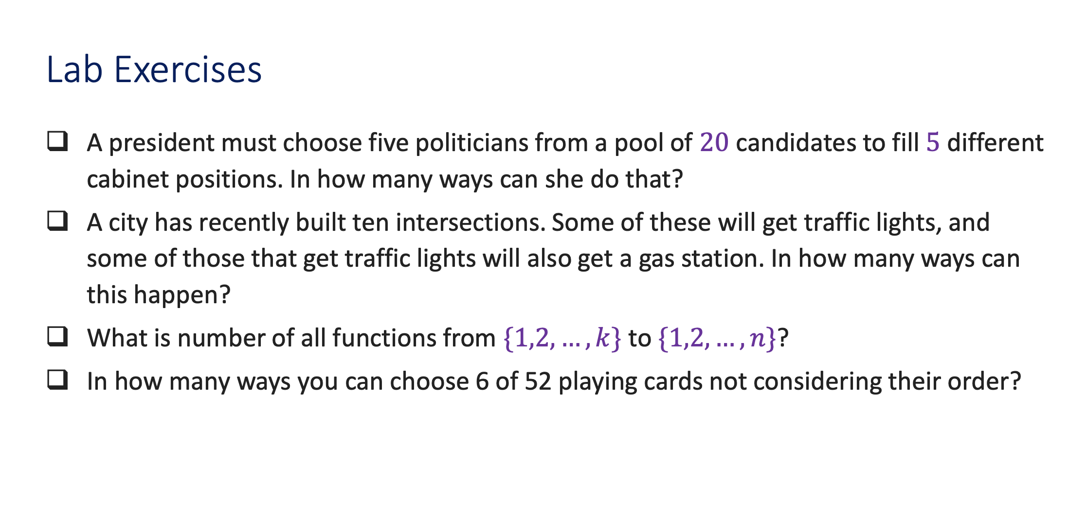 Solved Counting: permutations andcombinations Lab ExercisesA | Chegg.com