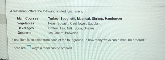 Solved A restaurant offers the following limited lunch menu. | Chegg.com