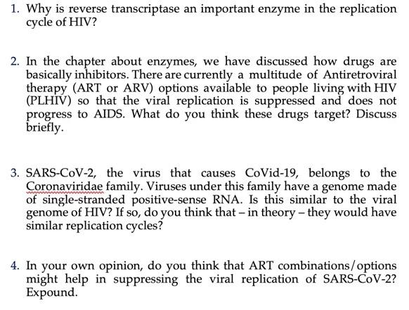 Solved 1. Why is reverse transcriptase an important enzyme | Chegg.com