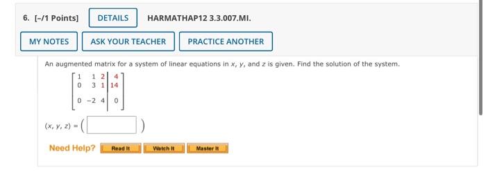 Solved An augmented matrix for a system of linear equations | Chegg.com