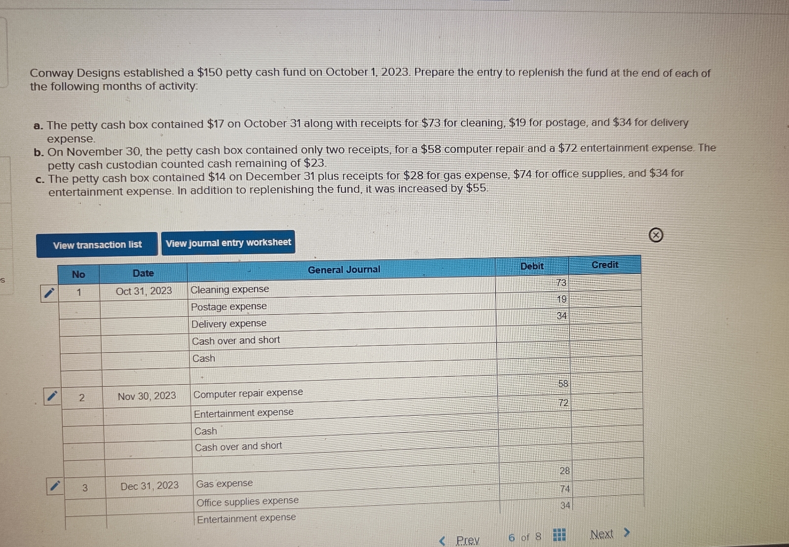 Solved Conway Designs established a $150 ﻿petty cash fund on | Chegg.com