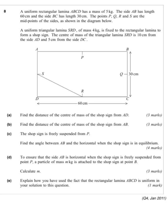 Solved 8 A uniform rectangular lamina ABCD has a mass of 5 | Chegg.com