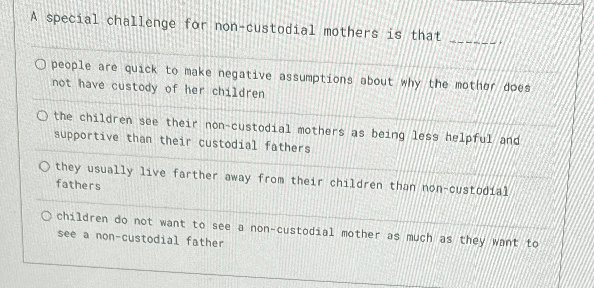 Solved A special challenge for non-custodial mothers is | Chegg.com