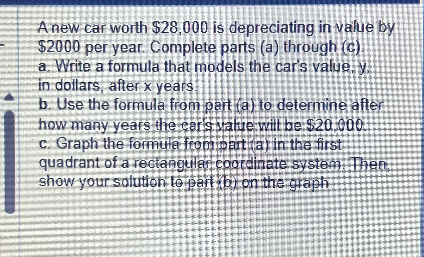 Solved A new car worth $28,000 ﻿is depreciating in value by | Chegg.com