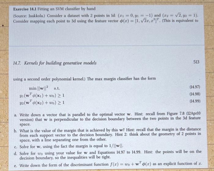 Solved Exercise 14.1 Fitting an SVM classifier by hand | Chegg.com