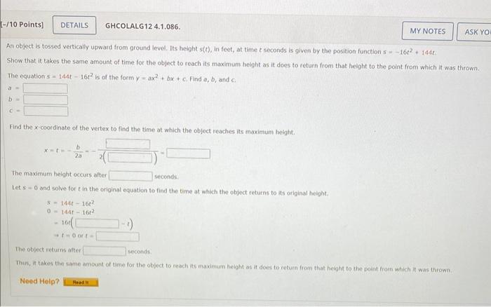 Solved An object is tossed vertically upward from ground | Chegg.com