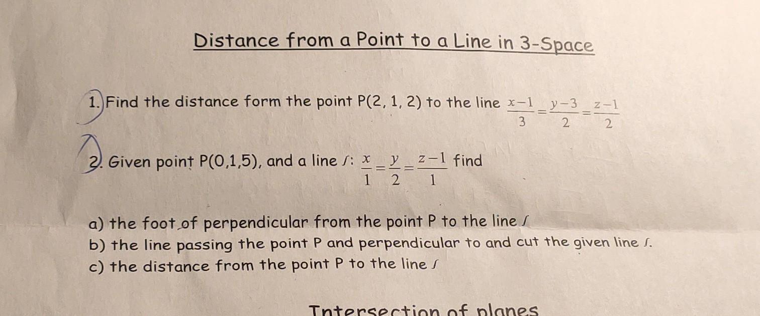 Solved Distance from a Point to a Line in 3-Space 1. Find | Chegg.com