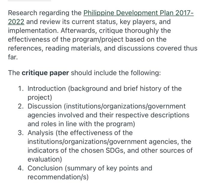 Solved Research regarding the Philippine Development Plan | Chegg.com