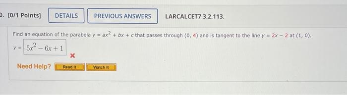 Solved Find an equation of the parabola y=ax2+bx+c that | Chegg.com