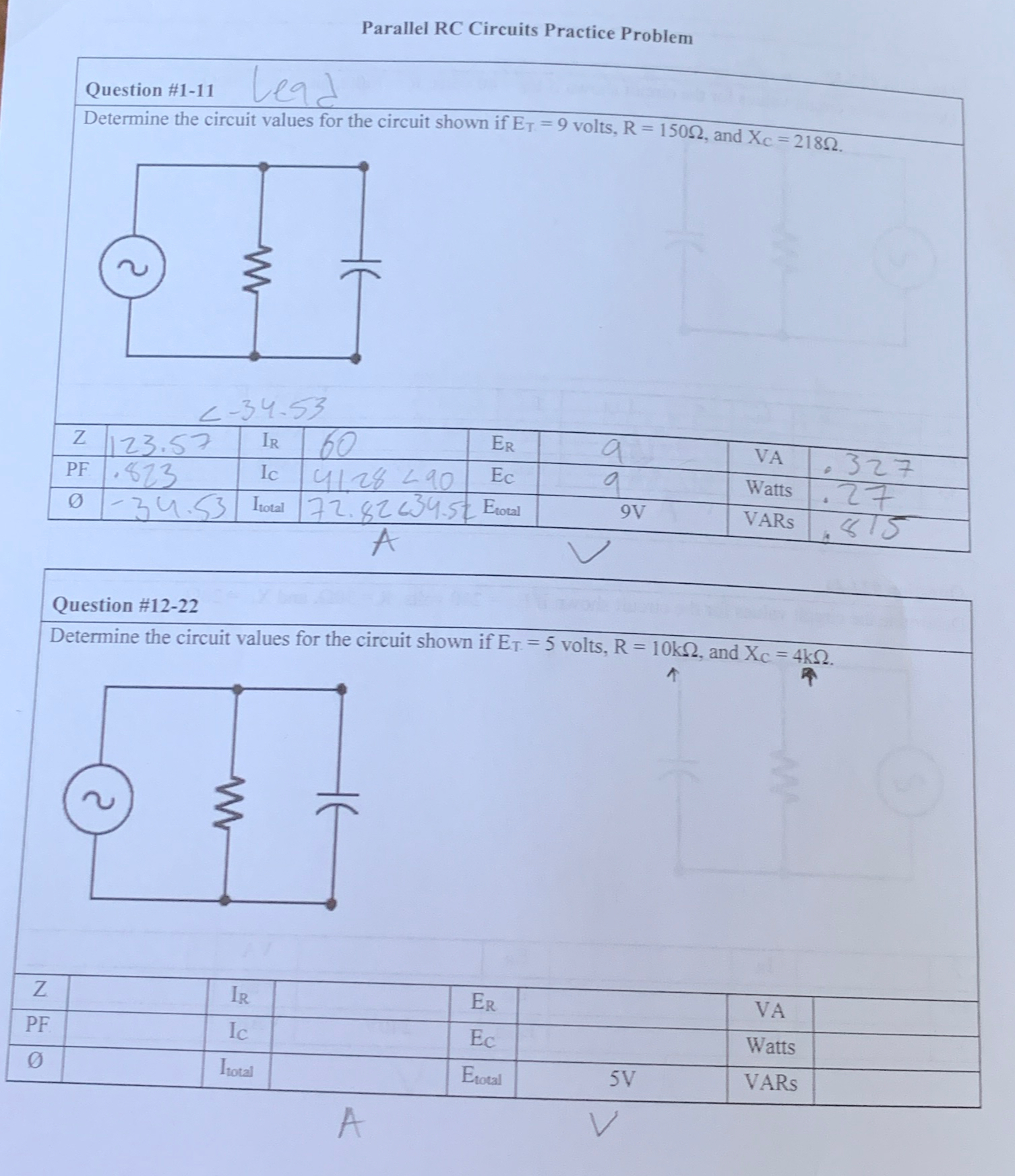 Solved Parallel RC Circuits Practice ProblemQuestion #1-11 | Chegg.com