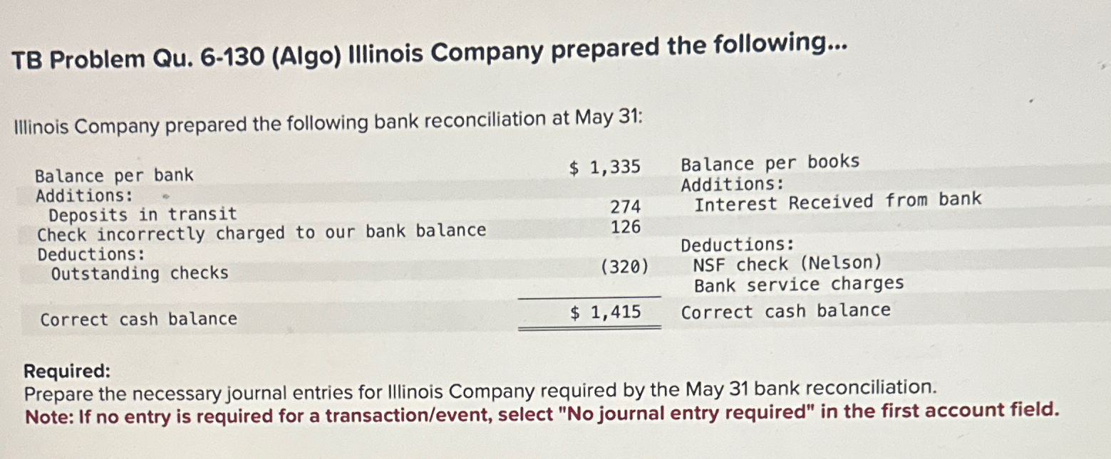 TB Problem Qu. 6-130 (Algo) ﻿Illinois Company | Chegg.com