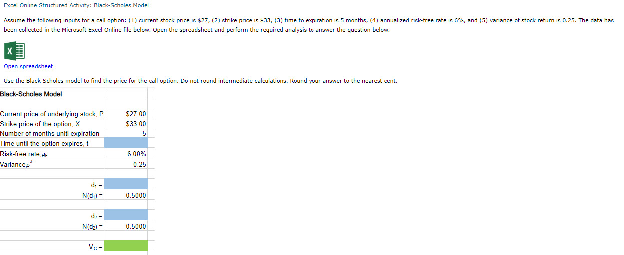 Solved Excel Online Structured Activity: Black-Scholes Model | Chegg.com