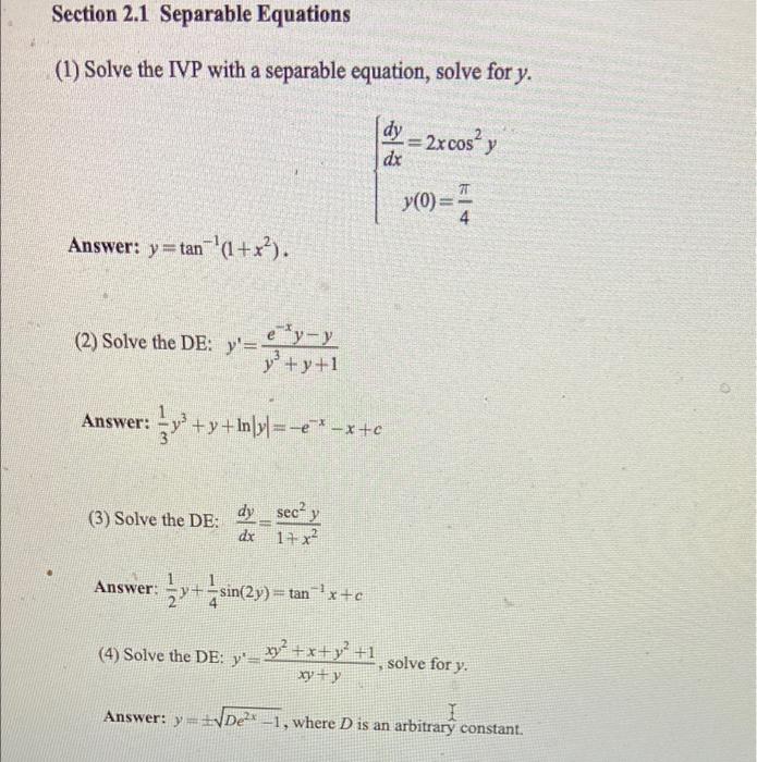Solved Section 2.1 Separable Equations (1) Solve the IVP | Chegg.com