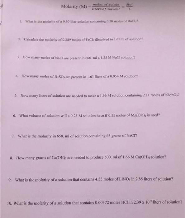 Solved Mot Molarity (M) moles of solute liters of solvent 1. | Chegg.com