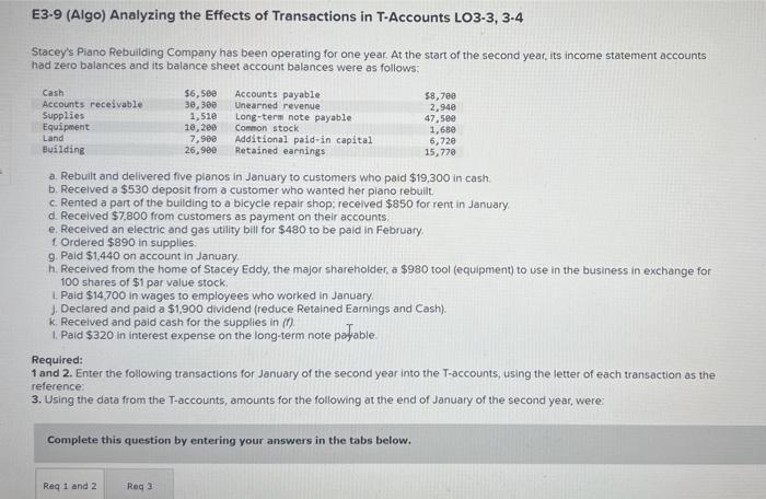 E3-9 (Algo) Analyzing the Effects of Transactions in | Chegg.com