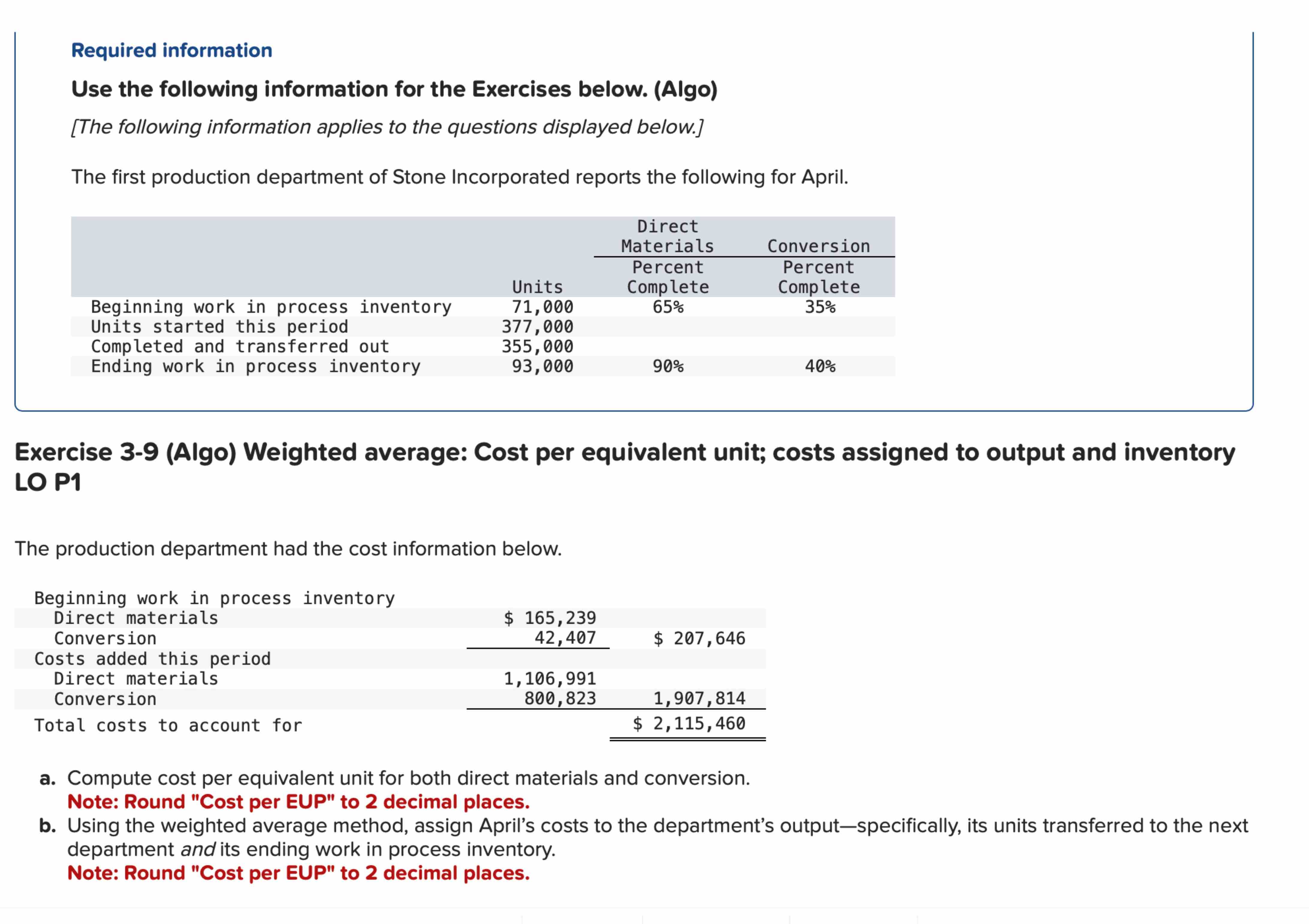 Solved Exercise 3-9 (Algo) ﻿Weighted average: Cost per | Chegg.com