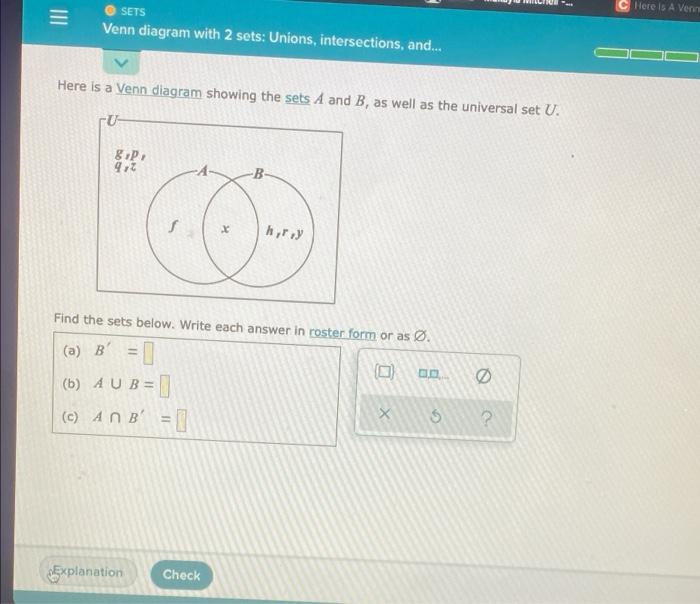 Solved SETS Venn diagram with 2 sets: Unions, intersections, | Chegg.com