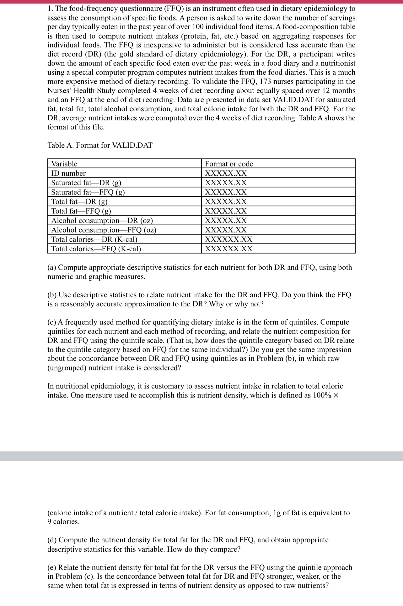 Solved The food-frequency questionnaire (FFQ) ﻿is an | Chegg.com