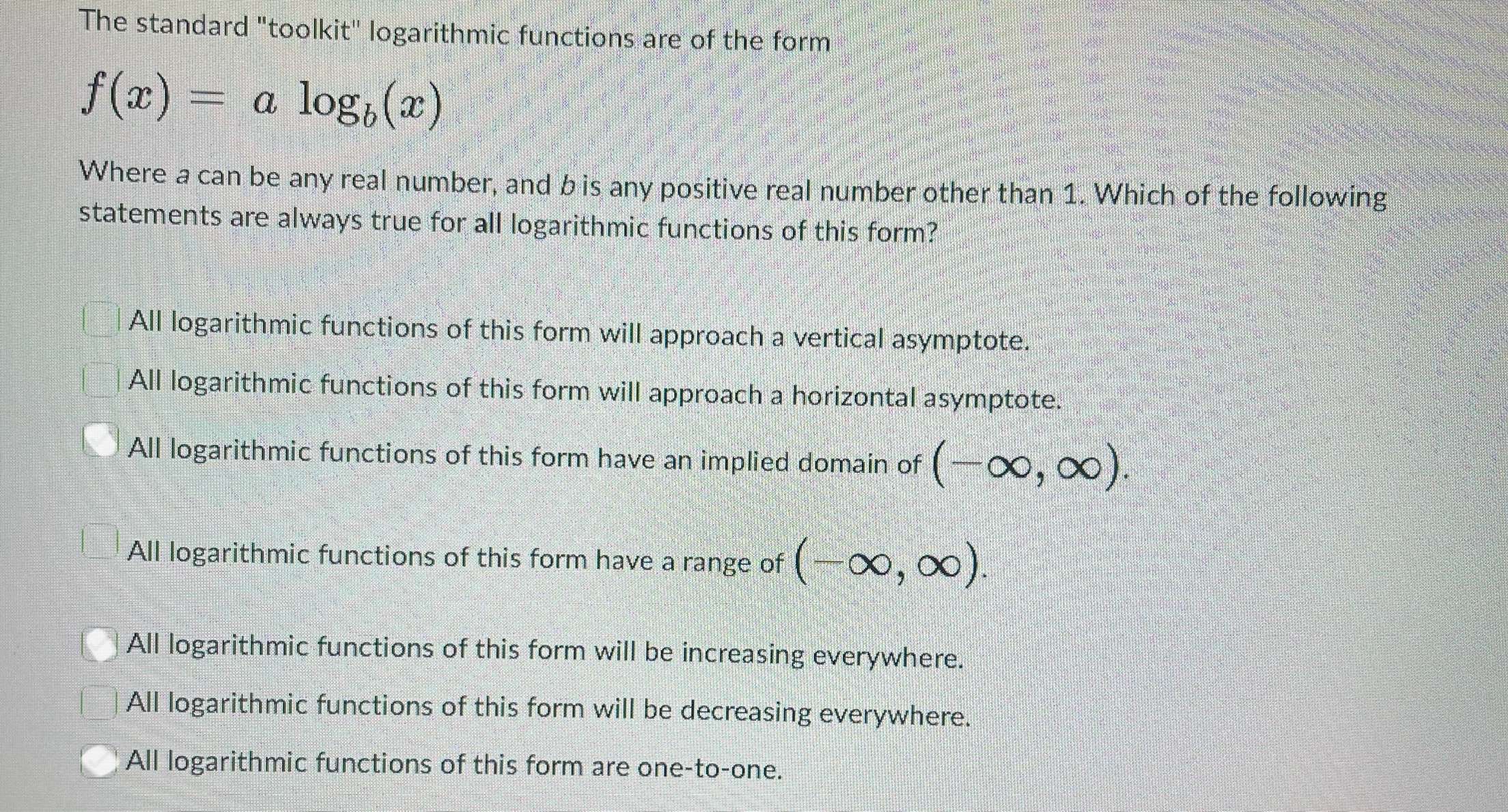 Solved The standard "toolkit" logarithmic functions are of | Chegg.com