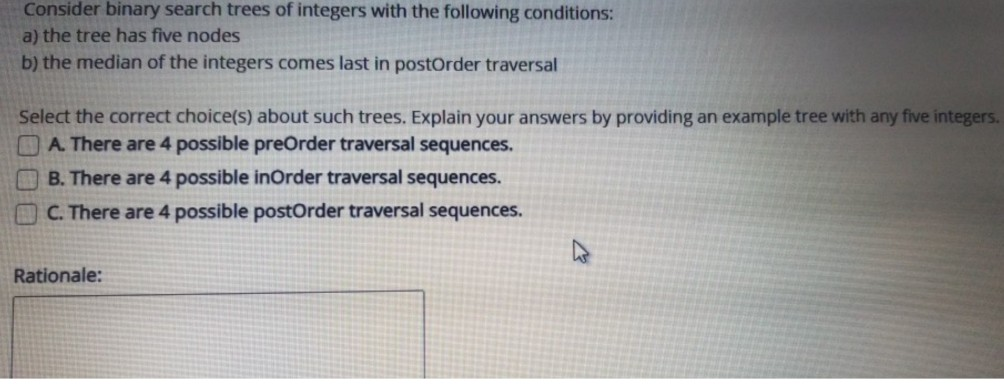 Solved Consider binary search trees of integers with the | Chegg.com