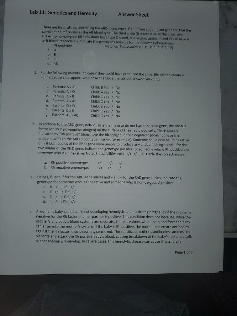 Solved Lab 11: Genetics and Heredity Answer Sheet 1. There | Chegg.com
