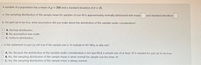 Solved A variable of a population has a mean of μ = 200 and | Chegg.com