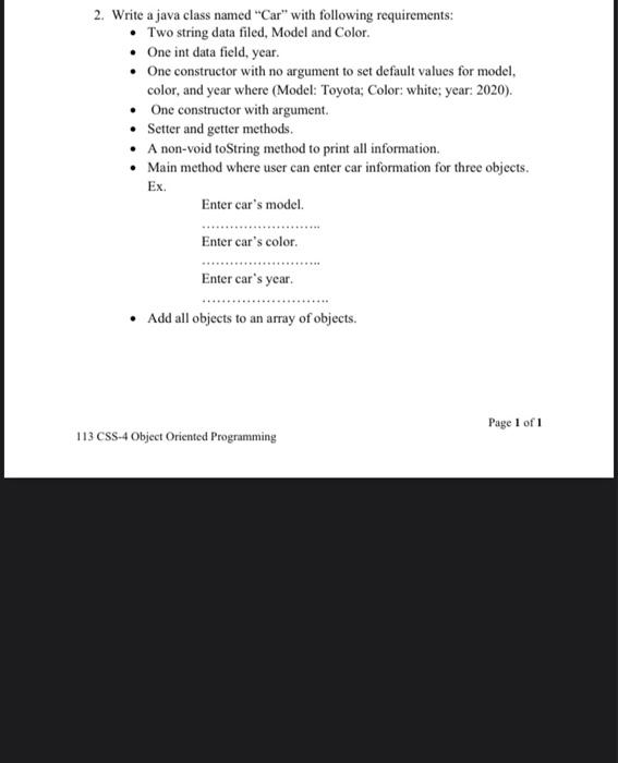Solved 2. Write a java class named "Car" with following | Chegg.com