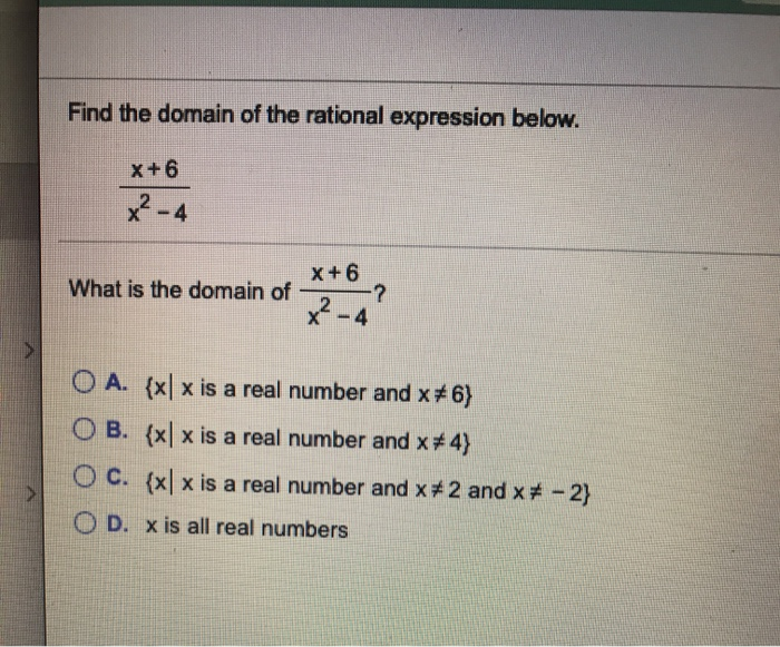 Solved Find the domain of the rational expression below. x+6 | Chegg.com