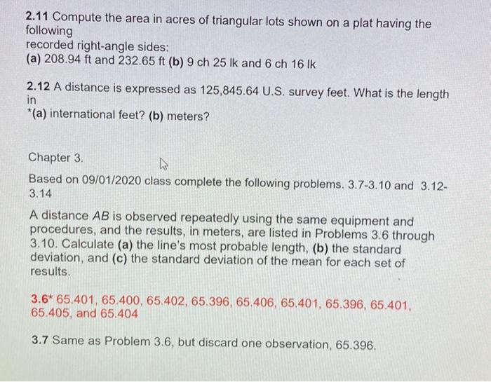 Solved 2.11 Compute the area in acres of triangular lots | Chegg.com