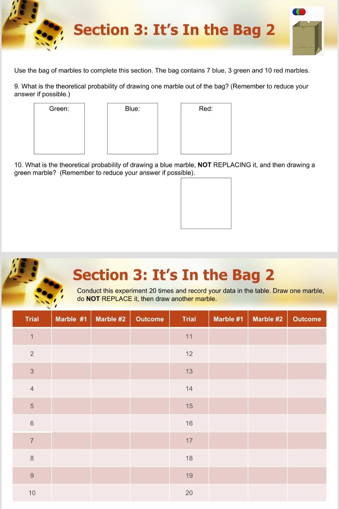 Solved Section 3: It's In the Bag 2 Use the bag of marbles | Chegg.com