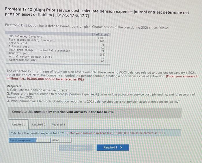 Solved Problem 17-10 (Algo) Prior service cost; calculate | Chegg.com