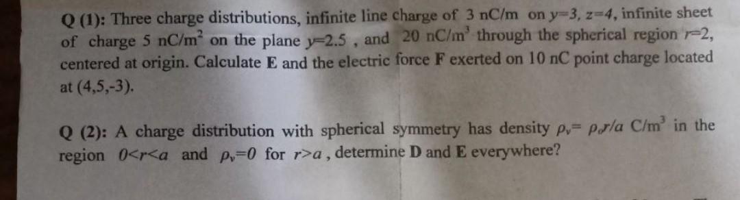 Solved Q (1): Three charge distributions, infinite line | Chegg.com