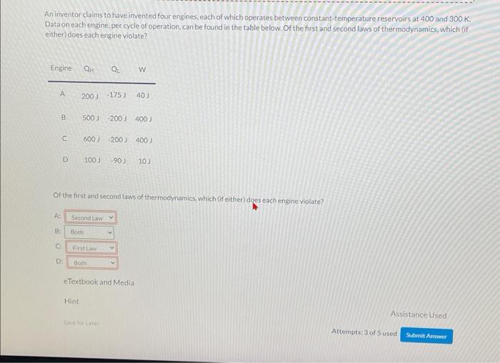 Solved An inventor claims to have invented four engines, | Chegg.com