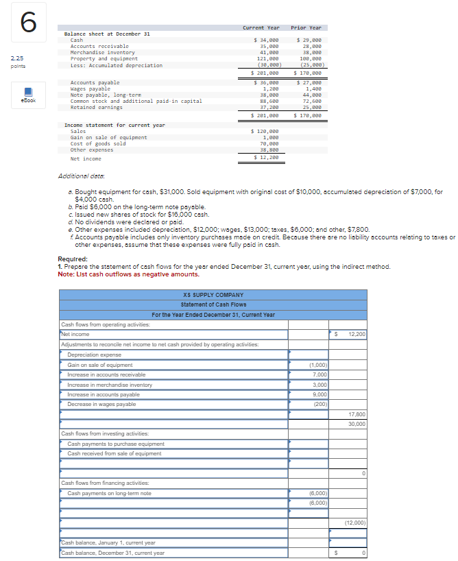 Solved 6\table[[,Current Year,Prior Year],[Balance sheet at | Chegg.com