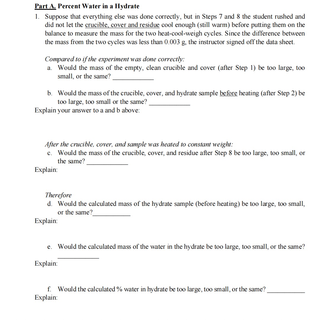 Solved Part A. ﻿Percent Water in a HydrateSuppose that | Chegg.com