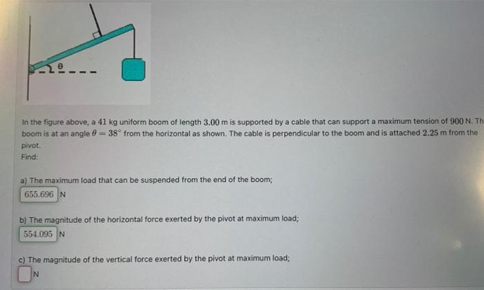 Solved In the figure above, a 41 kg uniform boom of length | Chegg.com