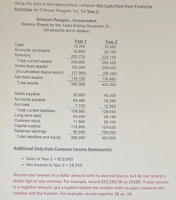Solved Using the data in the tables below, compute Net Cash | Chegg.com