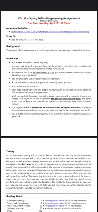 CS 112 - Spring 2020 - Programming Assignment 9 Sets | Chegg.com