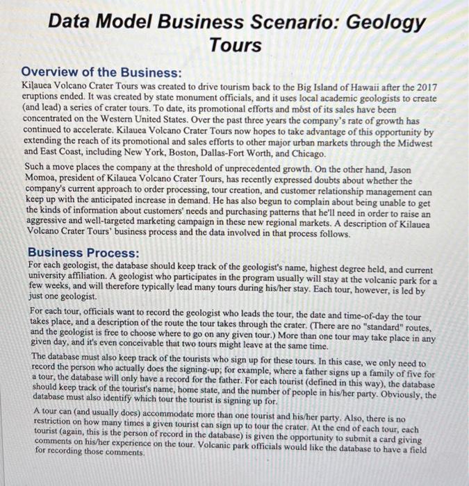 Solved Data Model Business Scenario: Geology Tours Overview | Chegg.com