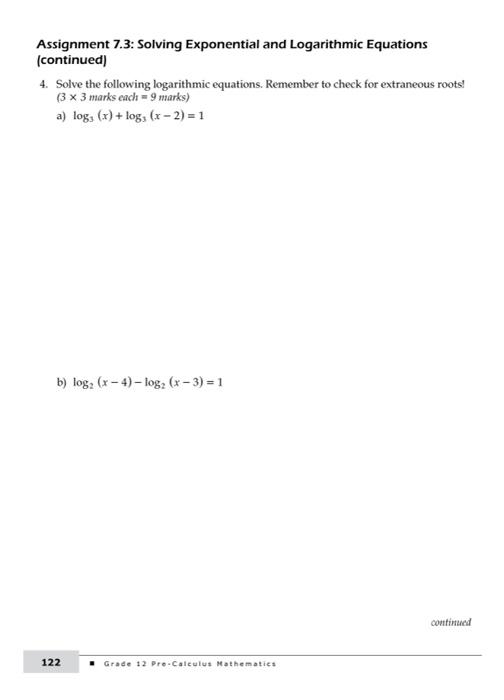 Solved Assignment 7.3: Solving Exponential and Logarithmic | Chegg.com