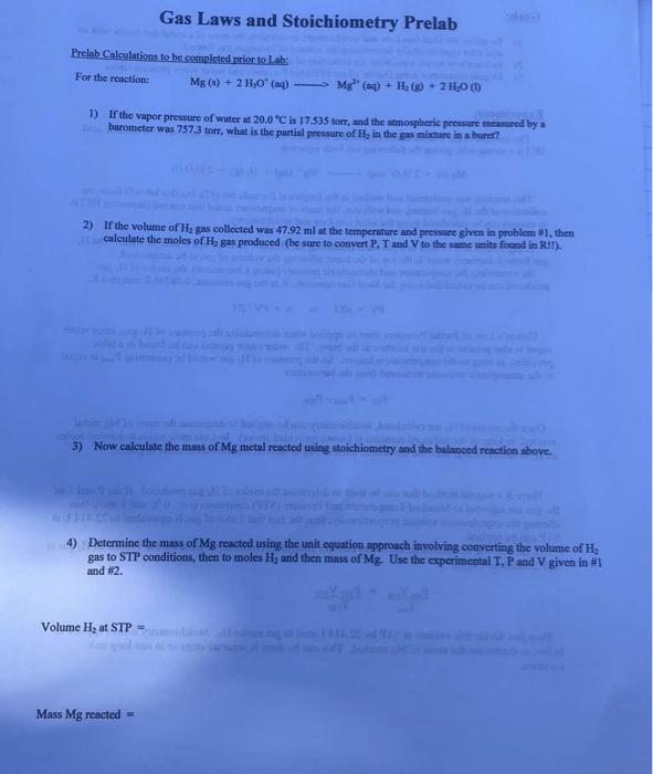 Solved Gas Laws and Stoichiometry Prelab Prelab Calculations | Chegg.com