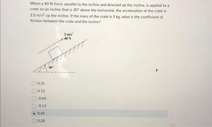Solved When a 40−N force, parallel to the incline and | Chegg.com