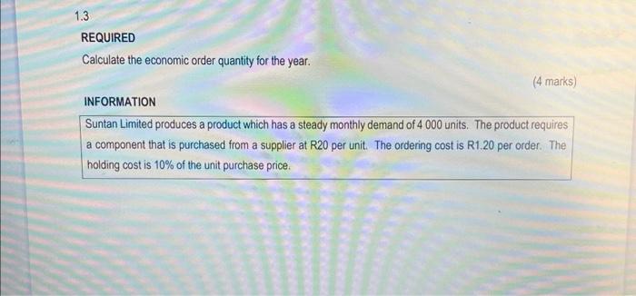 Solved REQUIRED Calculate the economic order quantity for | Chegg.com