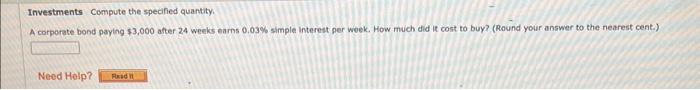 Solved Investments Compute the specified quantuty. A | Chegg.com