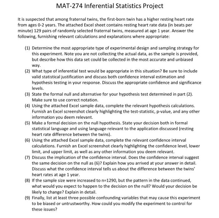MAT-274 Inferential Statistics Project It is | Chegg.com