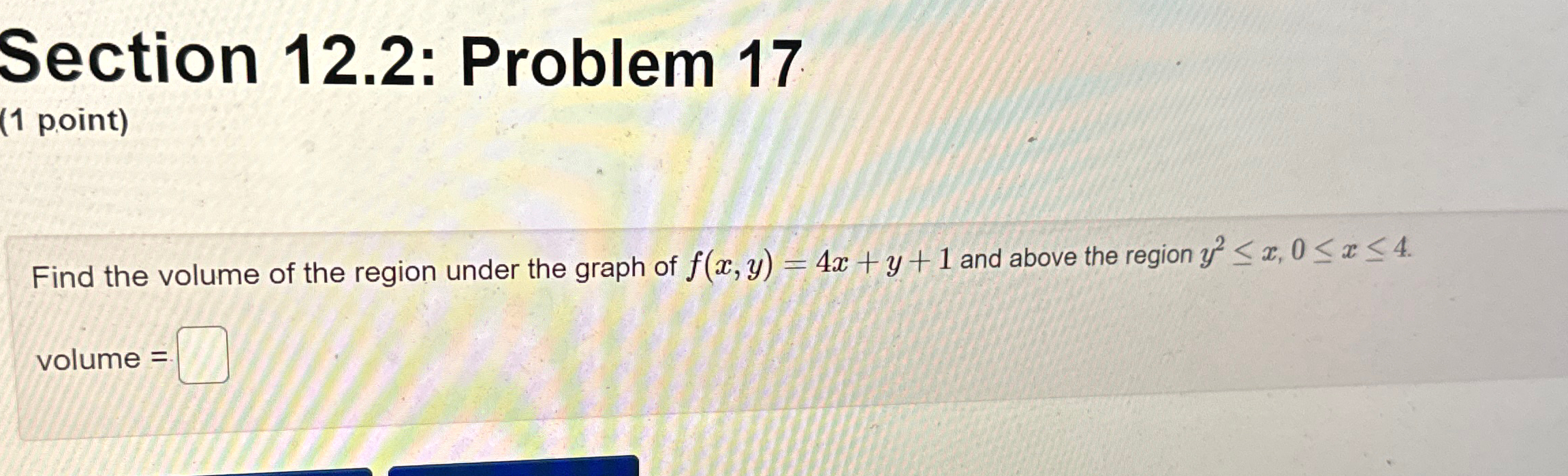 Solved Section 12.2: Problem 17(1 ﻿point)Find the volume of | Chegg.com